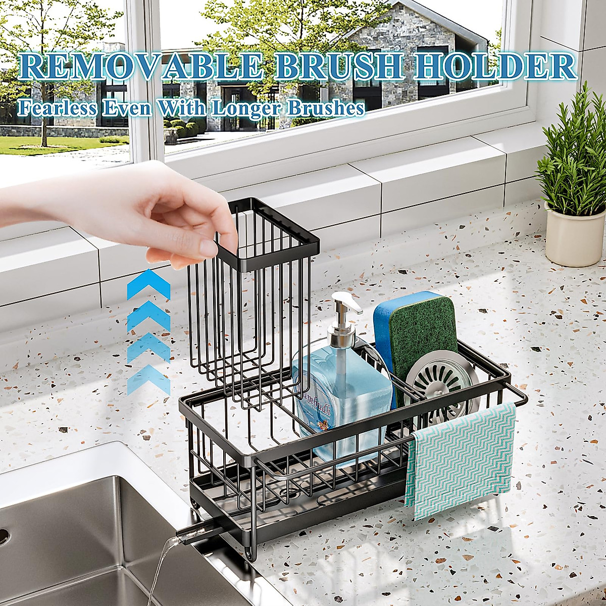 Spoge Holder for Kitchen Sink - Sink Caddy with Long Brush Holder & Divider, SUS304 Stainless Steel Kitchen Sink Organizer, Dish Soap Dispenser Kitchen Organization and Storage Accessories