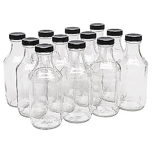 North Mountain Supply 16 Ounce Glass Sauce Bottle - with 38mm Black Plastic Lids - Case of 12