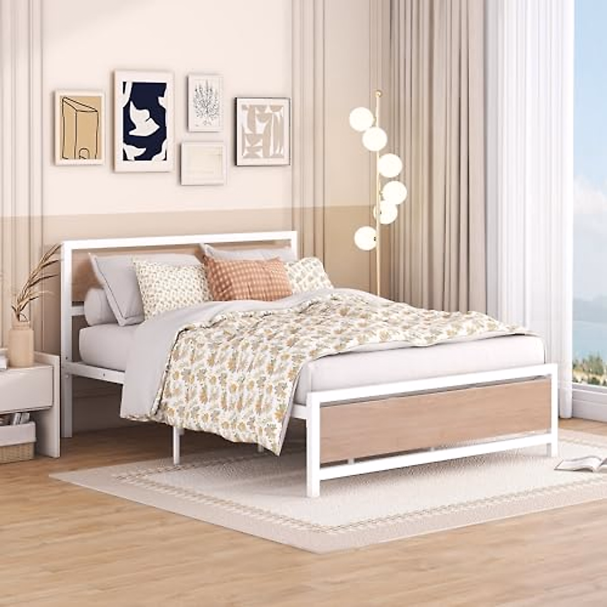 UBGO Queen Size Platform Bed with Headboard and Footboard,Metal and Wood Bed Frame,No Box Spring Needed,for Kids, Teens, Girls, Boys,Bedroom Furniture-White