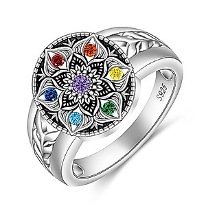 Chakra Ring Mandala Lotus Rings for Women Sterling Silver Yoga Lotus Flower Healing Crystal 7 Chakras Protection Balance Jewelry Gifts Size 7