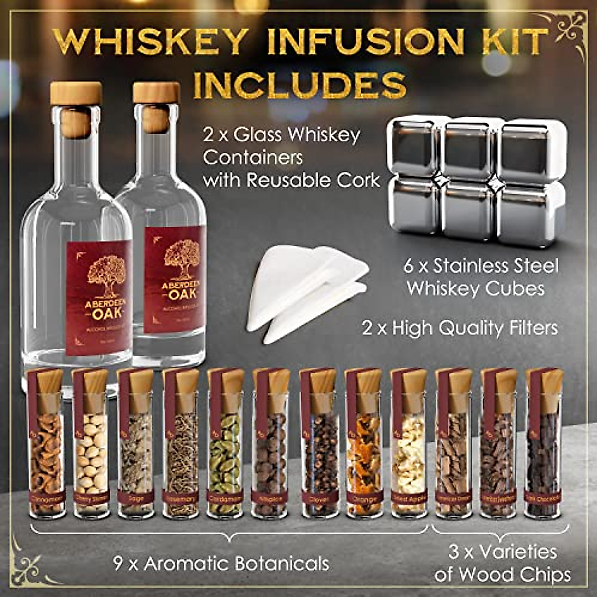 Whiskey Gifts for Men, Whiskey Making Kit - Whiskey Infusion Kit with Stainless Steel Ice Cubes, Wood Chips, Gifts for Him - Alcohol Infusion Kit - Husband Birthday Cocktail - Whiskey Gift Set for Men