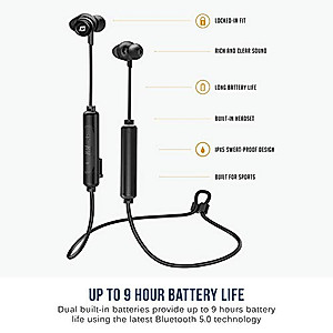 MEE audio M9B Bluetooth 5.0 Wireless in-Ear Headphones with Built-in Headset Microphone - 9 Hours Long Battery Life, IPX5 Waterproof Noise Isolation Earbuds - for Workout Gym Sports Black