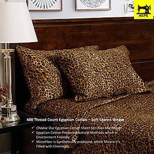 Split King Sheets Sets for Adjustable Bed, Soft Sateen Weave, 400-Thread-Count 100% Egyptian Cotton 5PC Set with 2 Fitted Sheets, Split-King Sheet Set 28-Inch Deep Pockets, 400-TC - |Leopard Print|