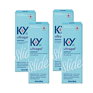 K-Y Ultragel Premium Water-Based Body Friendly Formula 4.5 Fl Oz. Personal Lubricant for Wetter Sex for Men, Women and Couples & Safe to Use with Silicone Toys (4 Pack)