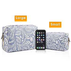 Narwey Cute Makeup Bag Travel Cosmetic Bag Organizer Toiletry Bag Make Up Bags with Compartments for Women Girls (Large, Blue Leaf)