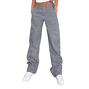 Women 6 Pockets High Waisted Cargo Pants Wide Leg Casual Pants Combat Military Trouser Blue Grey