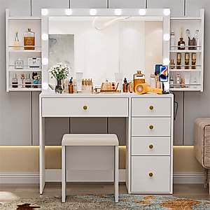PAKASEPT Makeup Vanity Desk with Lighted Mirror and Charging Station, 39.4" White Vanity Table with 3 Lighting Colors, Hidden Sliding Shelves, 5 Drawers & Stool, Vanity Set for Bedroom