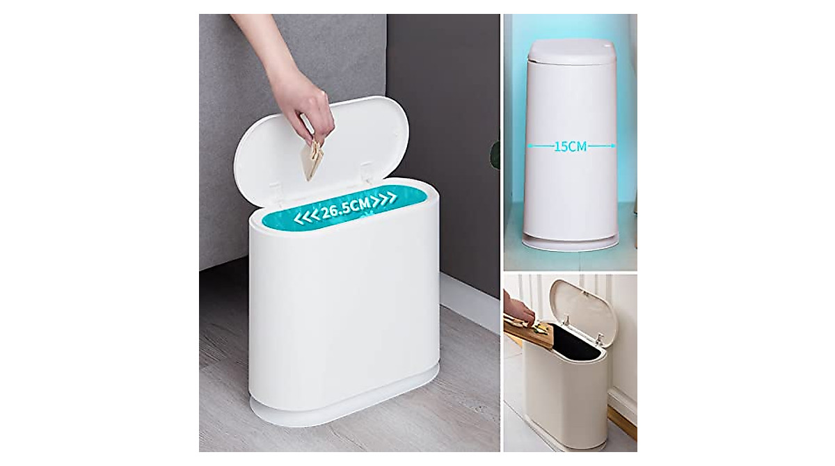 YISTOS 10L Slim Rectangular Waste Bin with Press Lid - Space Saving