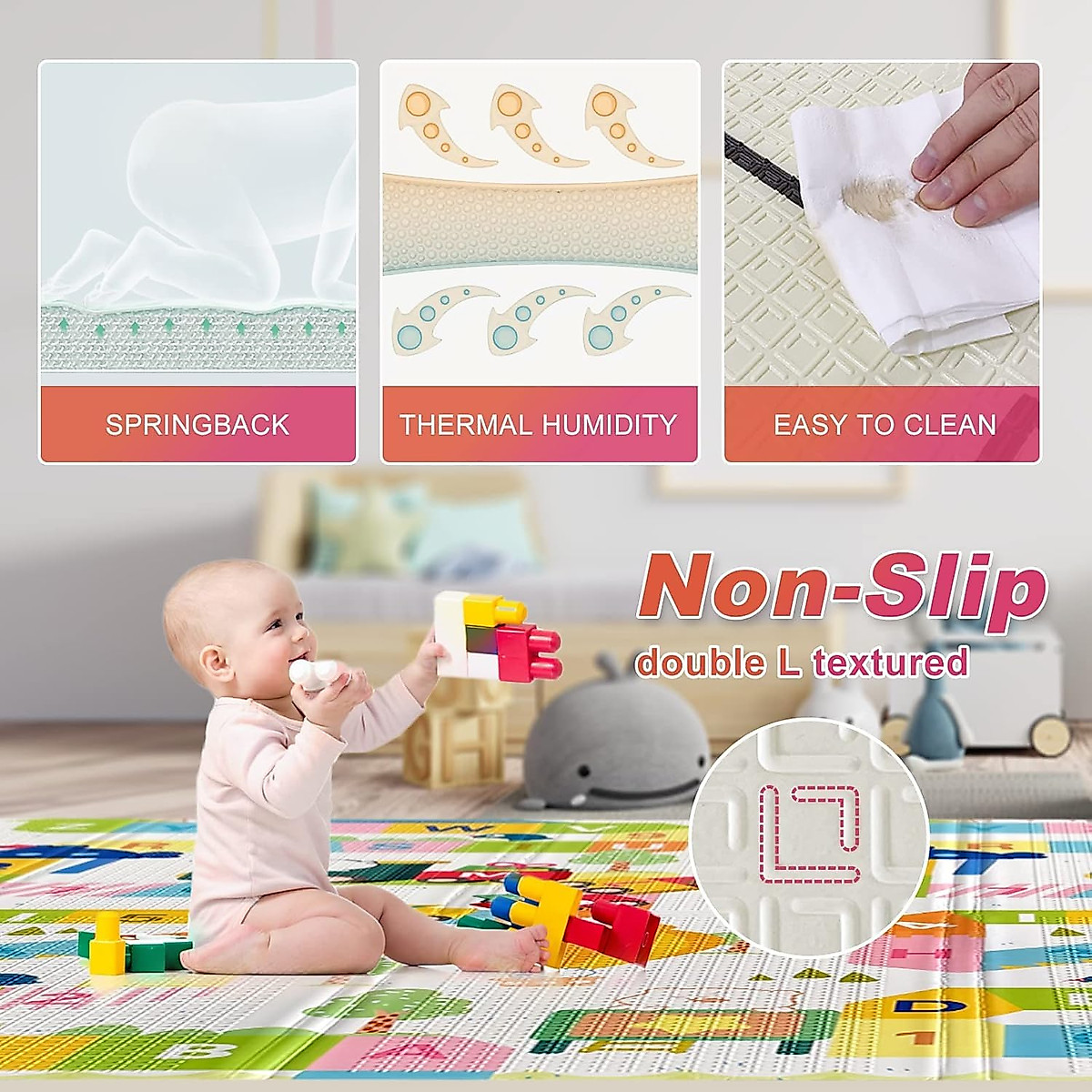 Mergren Extra Large Baby Play Mat 79" x 71"x 0.4": Reversible, Double-Sided Crawling Foam Mat for Infants and Toddlers - BPA-Free, Non-Toxic, Anti-Slip,Portable Folding - Indoor and Outdoor Use