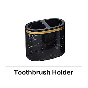 5-Piece Bathroom Counter Top Accessory Set - Dispenser for Liquid Soap or Lotion, Soap Dish, 2 Tumblers and Toothbrush Holder, Marble Pattern Resin (Classic Black)