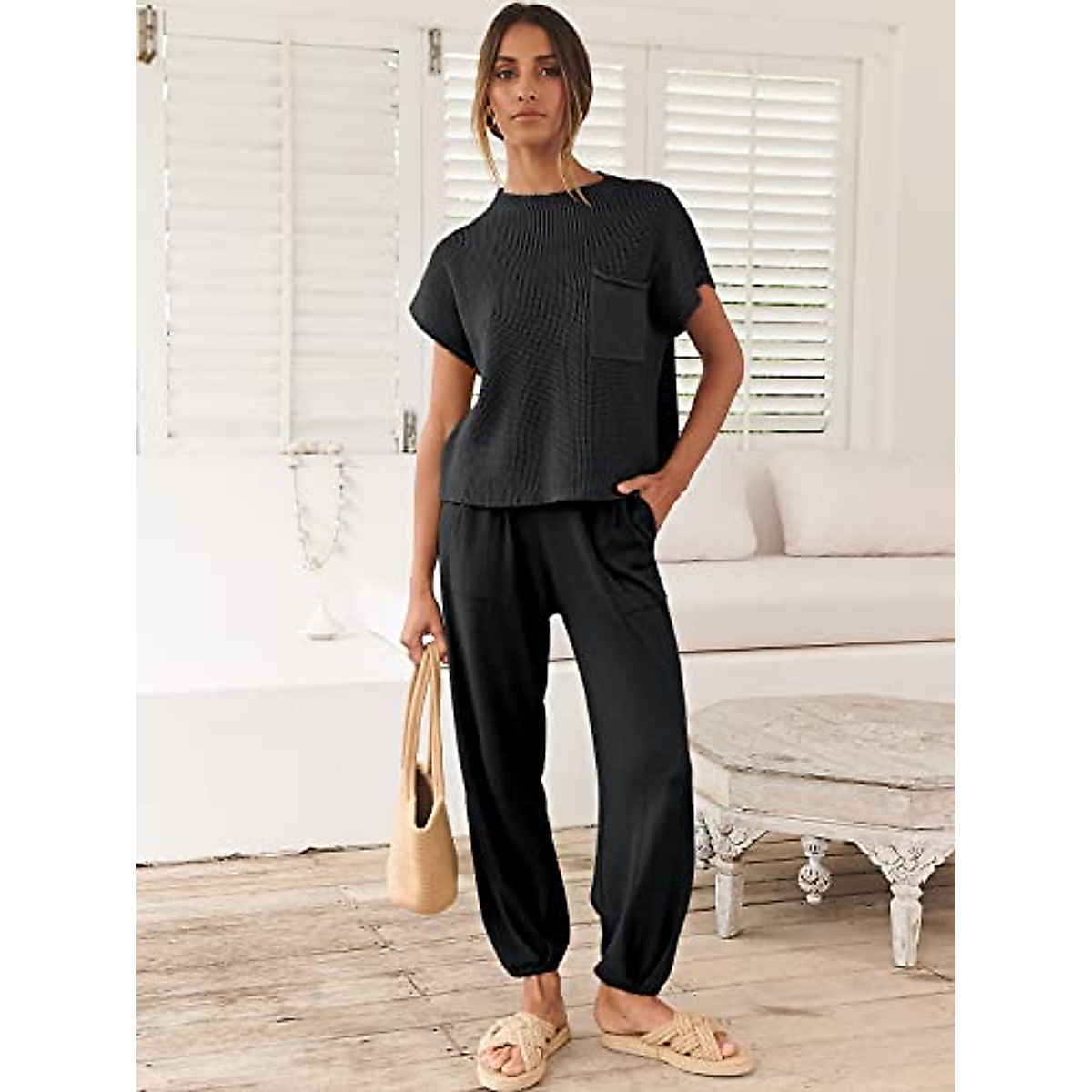 ANRABESS Women's Two Piece Outfits Sweater Sets Knit Pullover Tops Casual Pants Matching Lounge Sets 2023 Spring Summer Fashion Clothes Tracksuit Sweatsuit Set 953heise-L