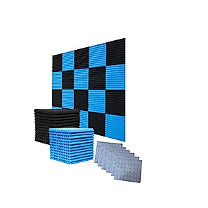 HJGFK2018 52 Pack Acoustic Foam Panels,1" x 12" x 12" Black/BLUE Acoustic Wedge Studio Foam Sound Absorption Wall Panels