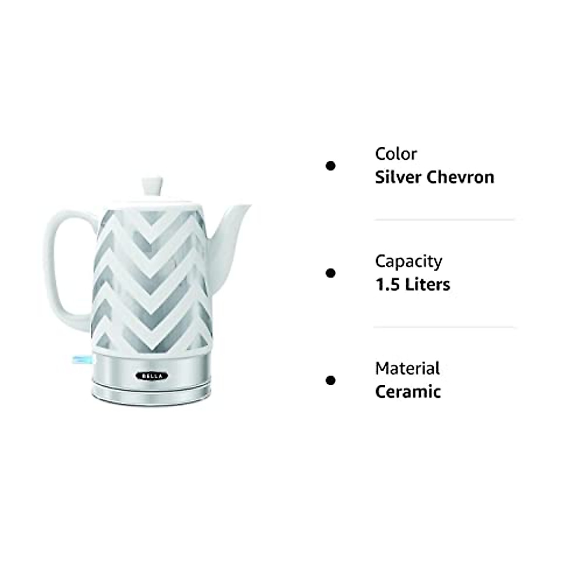 BELLA Electric Kettle & Tea Pot - Ceramic Water Heater with Detachable Swivel Base, Auto Shut Off & Boil Dry Protection, 1.5 Liter, Silver Chevron