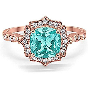 Reyansh Fashion Created Cushion Cut Paraiba Tourmaline 925 Sterling Silver 14K Rose Gold Finish Halo Art Deco Engagement Ring for Women