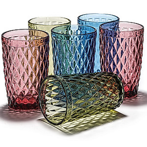 ZOOFOX Set of 6 Colored Drinking Glasses, 12oz Embossed Tumblers with Heavy Base, BPA-Free, Vintage Glassware Set for Wedding or Parties