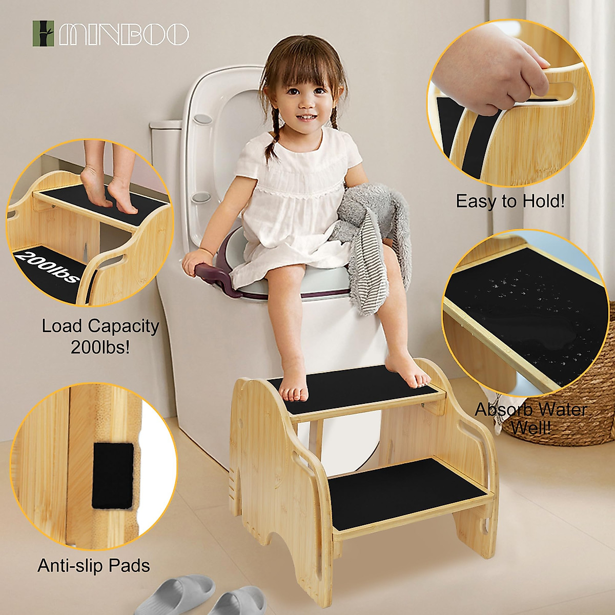 Bamboo Toddler Step Stool, 2 Step Stools for Kids with Anti-Slip Surface and Handles, Elephant Shaped Kids Step Stool for Bedroom, Bathroom, Kitchen Step Stools for Childs