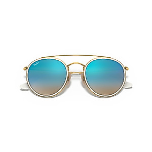 Ray-Ban RB3647N Double Bridge Round Sunglasses, Gold/Brown Gradient Mirrored Blue, 51 mm + 1