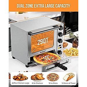 Toaster Oven Countertop, Dual Zone Toaster Oven Air Fryer Combo 29QT/28L Extra Large Capacity with 12 Inch Pizza Oven for Indoor (Max 550℉), for Roast Turkey, Stainless Steel Housing and Accessories Set, Quartz Heating Element(Good Heating Speed) BLAZANT