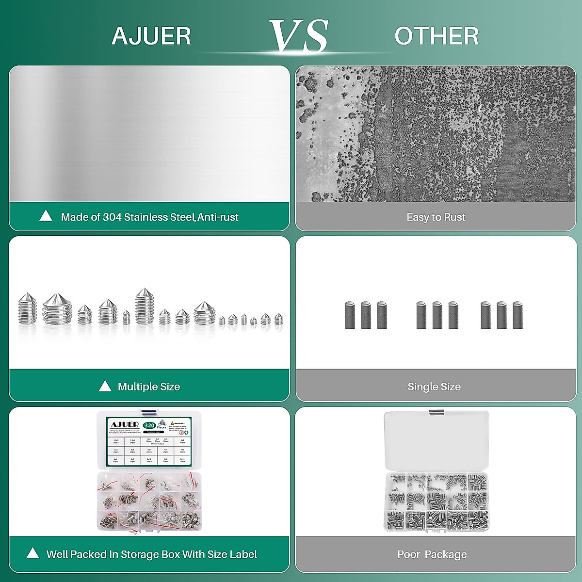 AJUER 320PCS Metric M2.5/3/4/5/6/8 304 Stainless Steel Allen Head Hex Socket Cone Point Set Screws,Internal Hex Drive Grub Screws,Tip Point Headless Set Screw Assortment Kit for Door Handle,Bathroom
