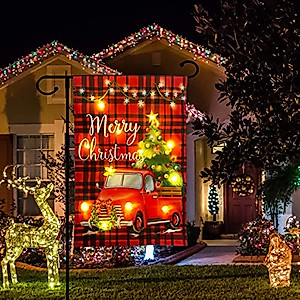 ThreeCats Lighted Christmas Flag, Solar Xmas Flag with Timer, LED Red Truck Flag Holiday Outdoor Patio Lawn Yard Decoration 12 x 18 Double Sided 2022 New