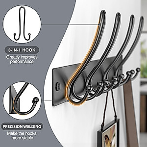 niffgaff Coat Rack Wall Mount - 4 Tri Coat Hooks Wall Mounted Hanging Coat, Jacket, Purse, Backpack, Clothes, Towel, Black Wall Hanger for Entryway, Bedroom, Bathroom, Living Room