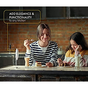 Milk Frother White - Coffee Frother Handheld with Electric Whisk - 19000 rpm - Book Recipes and Stainless Steel Stand Included - Hand Mixer Electric (White and Gold)