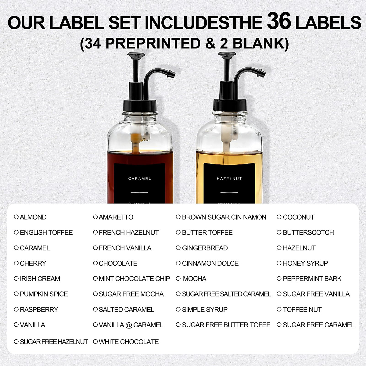 MFBJXC 2-Pack Coffee Syrup Dispenser for Coffee Bar, 16.9 oz 500 ml Glass Syrup Bottle with 36 Labels, Syrup Pump Dispenser for Coffee Bar(Black pump)