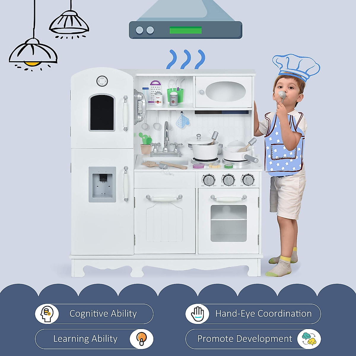 Qaba Large Kids Kitchen Playset with Telephone, Water Dispenser Simulation Cooking Set