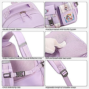 Hey Yoo Cute School Backpack for Girls Backpack for School Bag Kids Backpacks for Girls Kawaii Bookbag for Teen Girls (Purple)