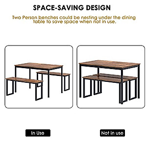 DlandHome Dining Table Set for 4, Kitchen Table Set with 2 Benches, 3 Piece Dining Room Table and Benches, Kitchen Coffee Table Set for Flats, Industrial Style Wooden Kitchen and Dining Room Set