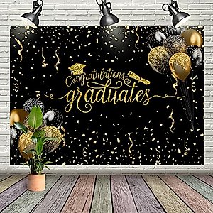 7x5ft Graduation Backdrop Congratulations Graduates Background Class of 2023 Black and Gold Balloon with Ribbon Caps Prom Photography for Senior Year Graduation Party Decoration Banner Supplies