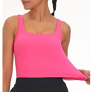 THE GYM PEOPLE Women's Square Neck Longline Sports Bra Workout Removable Padded Yoga Crop Tank Tops Bright Pink
