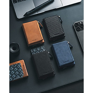 VULKIT Credit Card Holder with Leather Zipper Pocket Pop up wallet RFID Blocking Slim Metal Card Case for Men or Women(Black)