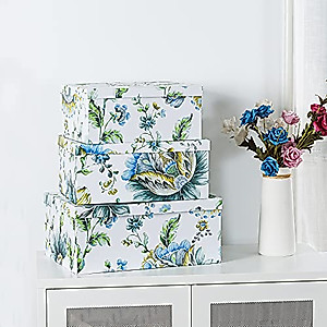 Soul & Lane Breezy Bloom Floral Storage Boxes with Lid - Set of 3: Home Décor Memories Cartons, Nesting Decorative Photo Storage Containers, Flower Paperboard Keepsake Bins, Cardboard File Boxes