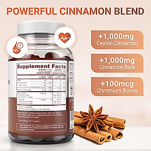 Sugar-Free Ceylon Cinnamon Gummies (2,000mg/Serving) Joint Pain Support Cinnamon Supplement & Brain Health, Vegan, Gluten-Free, Replace Ceylon Cinnamon Capsules, Pills, Powder Extract 60 Chews