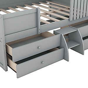 Harper & Bright Designs Full Size House Bed for Kids, Full Size Platform Bed with Storage Drawers and Roof, Hardwood Low Loft Bed Frame for Girls Boys (Gray)