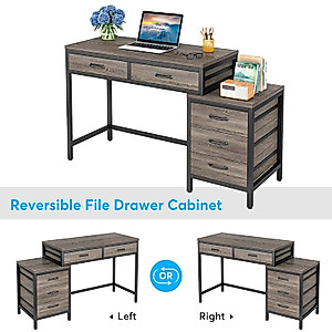 Tribesigns Computer Desk with 5 Drawers, Home Office Desks with Reversible Drawer Cabinet Printer Stand, Industrial PC Desk with Storage, Grey Study Writing Table Workstation for Small Spaces
