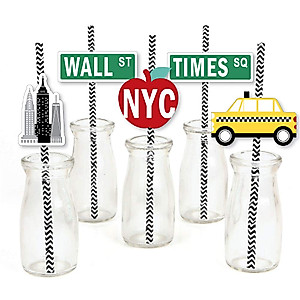 Big Dot of Happiness NYC Cityscape - Paper Straw Decor - New York City Party Striped Decorative Straws - Set of 24