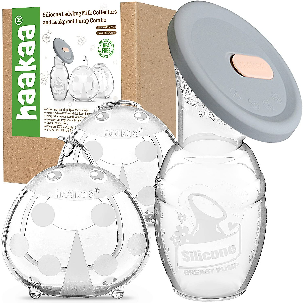 Haakaa 4oz/100ml Manual Breast Pump with Leakproof Silicone Lid and 2 * 2.5oz/75ml Wearable Ladybug Breast Milk Collector Combo New Breastfeeding Gift