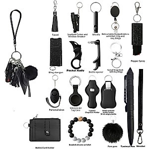 Araafur Wristlet Keychain Set with RFID Wallet Card Holder and Bottle Opener, Car Keychain Accessories for Women (Black keychain set)