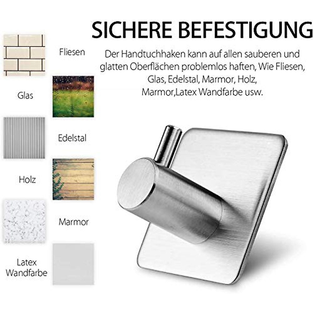 Self Adhesive Hooks 4 Pack, Brushed Stainless Steel Adhesive Door Hooks, Coat Hooks,Towel Hooks， Anti-Rust Waterproof Sticky Hooks for Kitchen Bathroom Office Toilet, No Drill Glue Needed