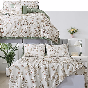 FADFAY 7 Piece 100% Cotton Beige Floral Bedding Set Queen Size Sheet Set +Duvet Cover, Soft Pink Flower Complete Bedding Bed in a Bag(1 Duvet Cover, 1 Fitted Sheet, 1 Flat Sheet + 4 Pillowcase)