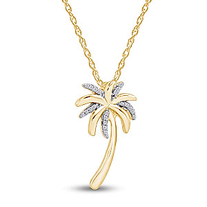 Jewel Zone US Beach Jewelry - 1/20 Carat Round Cut Natural White Diamond Accent Palm Tree Pendant Necklace In 10k Solid Yellow Gold 18 Inch 10k Gold Chain (0.05cttw)