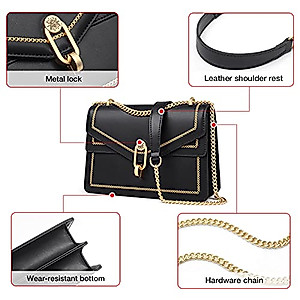 LAORENTOU Cow Leather Quilted Purse and Handbags for Women Satchel Shoulder Bags with Chain Strap, Ladies Chain Crossbody Bags (Black)