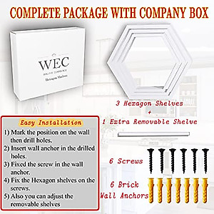 WEC Hexagon Shelves – Set of 3 Honeycomb Wall Shelves with Extra Removable Shelf – Floating Wood Shelves – Geometric Shelves for Bedroom, Kitchen, Office (White)