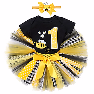 IDOPIP Baby Girls My 1st Birthday Outfit Bumble Bee Costume Dress up Short Sleeve Romper Tutu Skirt Headband 3PCS Clothes Set for One Year Old Girl Cake Smash Photo Shoot Black Bee 9-12 Months