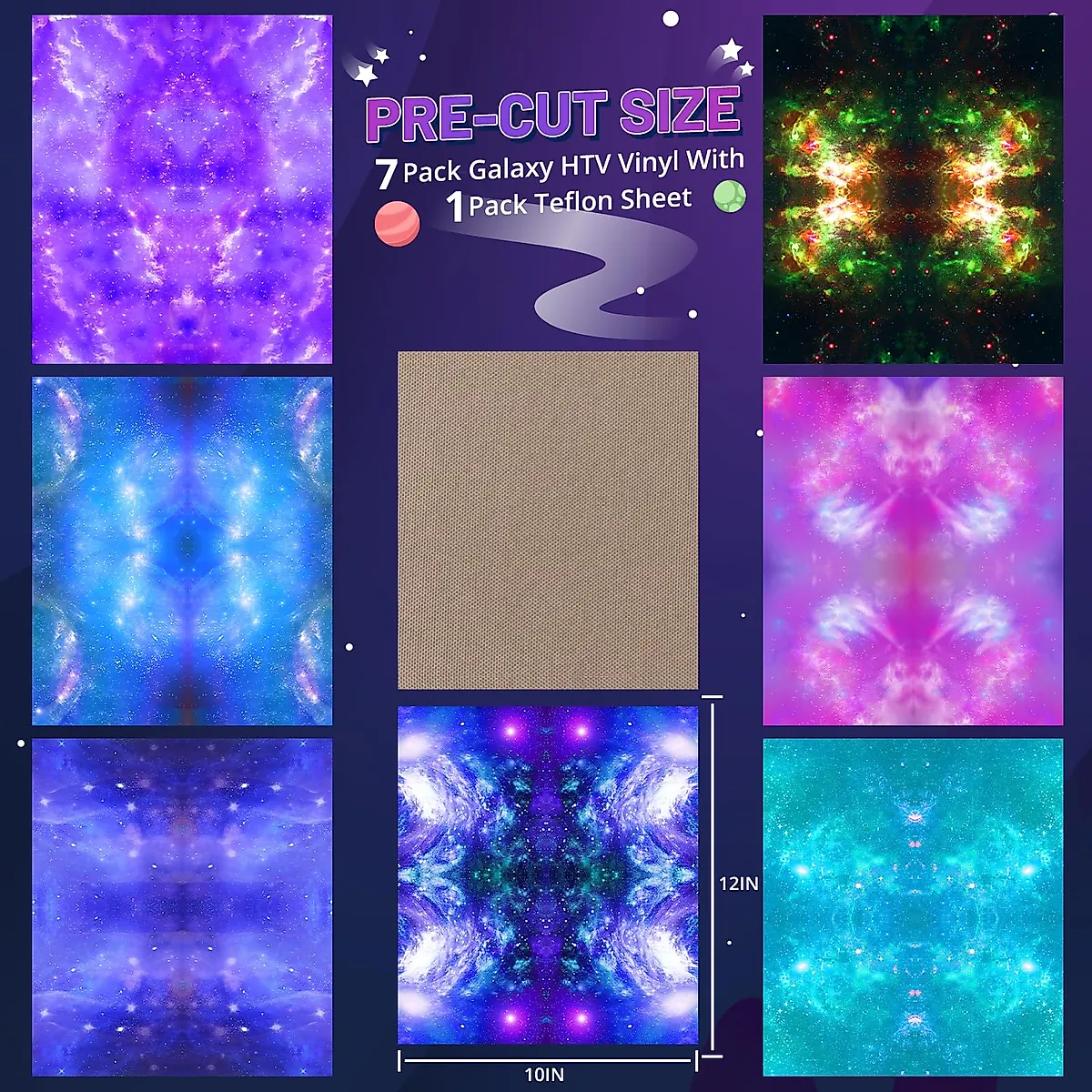 HTVRONT Galaxy Heat Transfer Vinyl - 7 Pack 12x10in Starry Sky Iron on Vinyl for t Shirts, Space Pattern Galaxy HTV Vinyl with 1 Pack Teflon Sheet, DIY Crafts