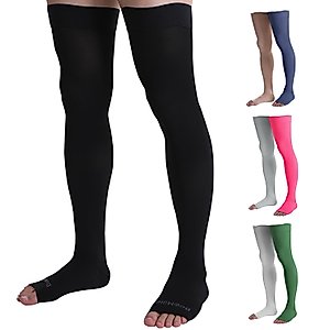 Doc Miller Thigh High Open Toe Compression Stockings 20-30mmHg for Varicose Veins, Pregnancy Support Open Toe Thigh High Compression Socks for Women and Men - 1 Pair Black Large