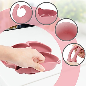 Frvesroe Baby Feeding Set, 6 Pcs Silicone Baby Led Weaning Supplies, Includes Rabbit Plate with Non-Slip Suction, Bib Bowl Cup Spoon and Fork, BPA Free for Self Feeding Kids & toddlers & Child (Pink)
