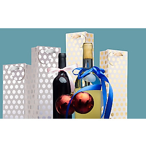 UNIQOOO 12Pcs Premium Quality Gold & Silver Metallic Foil Polka Dots Wine Gift Bag Bulk, w/Gift Massage Tag,100% Recyclable Paper,14"x4.75"x3.5" Wine Carrier Bags Tote Gift Bags, Party Gift Wrapping